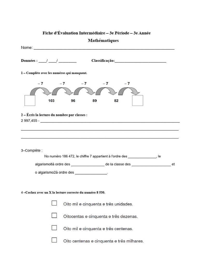 Évaluation Mathématiques 3e Année | PDF | Mathématiques