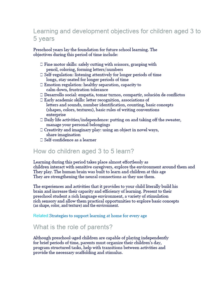 Learning Goals for Preschoolers 3-5 Years | PDF | Emotional Self ...