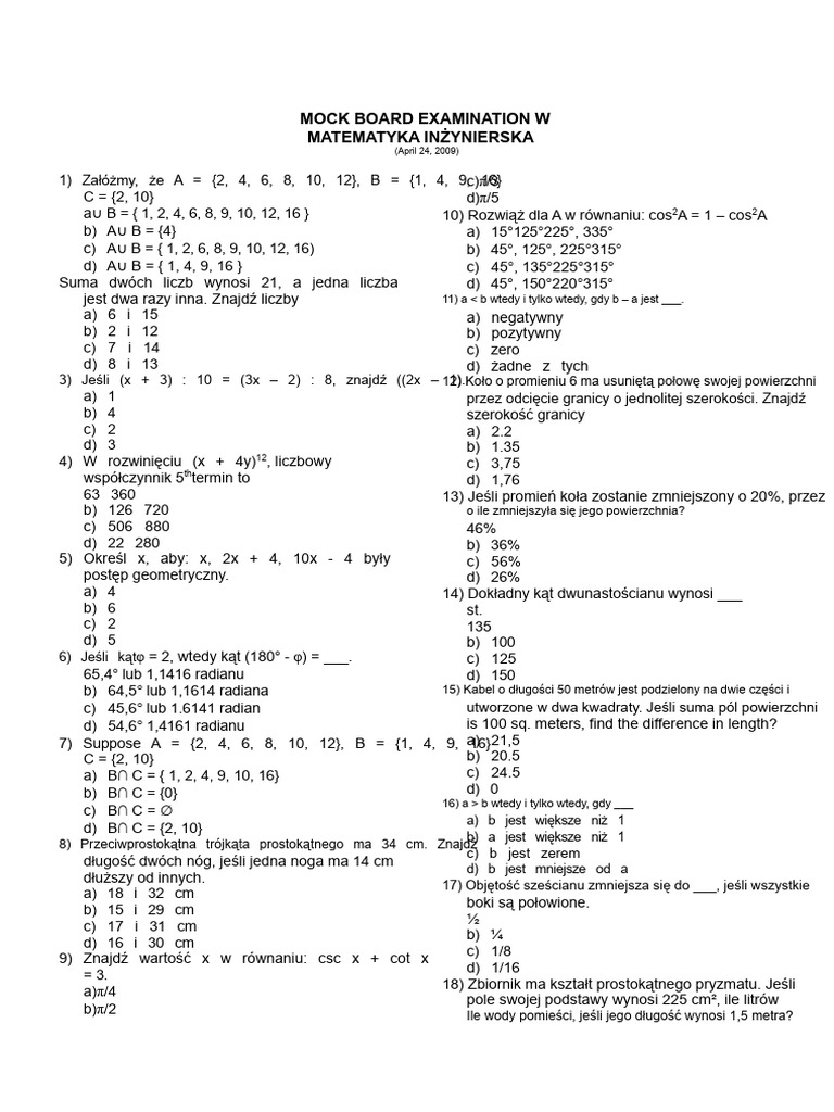 Mock Board Examination in Mathematics A PDF | PDF