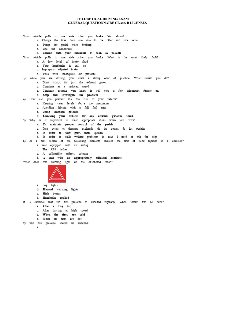 Theoretical Exam For Class B Driver's License in Chile | PDF | Brake ...