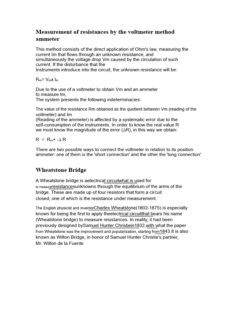 Measuring Resistance: Voltmeter & Wheatstone | PDF | Electronic ...