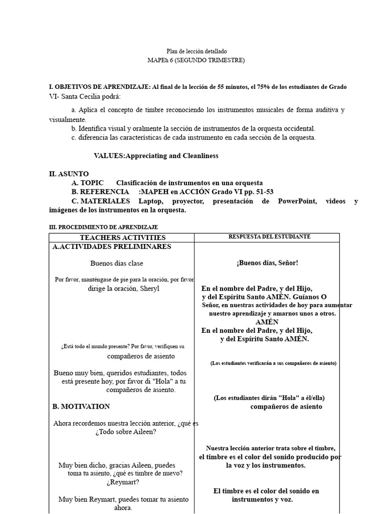 Plan de Lección Detallado - MCM | PDF | Instrumentos musicales ...