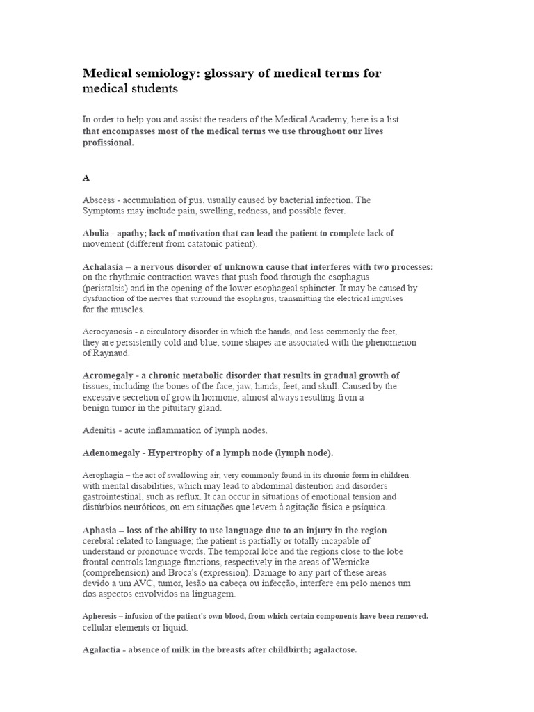 Medical Terms Glossary for Students | PDF | Esophagus | Medical Specialties