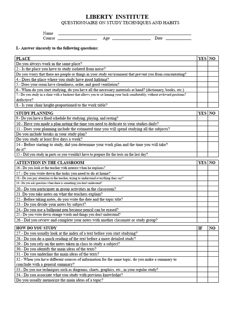 Study Habits Questionnaire | PDF | Cognitive Science | Human Communication