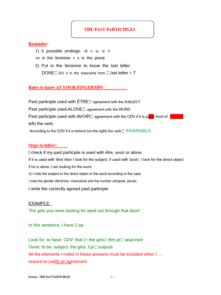 Mastering French Past Participles | PDF | Grammatical Gender | Grammar