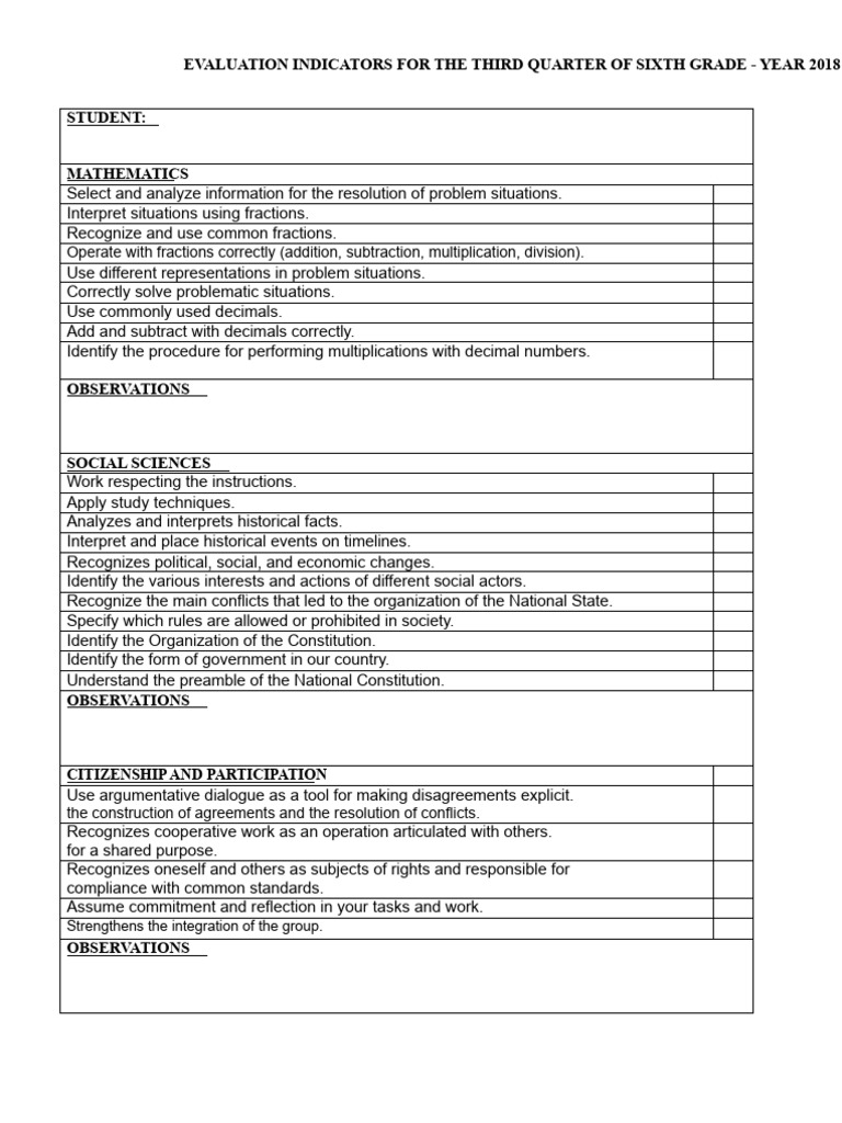 6th Grade Indicators | PDF