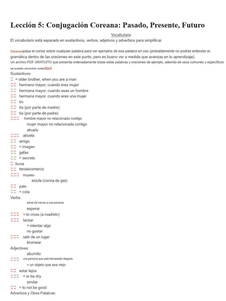 Lección 5 - Conjugación en Coreano - Pasado, Presente, Futuro | PDF ...
