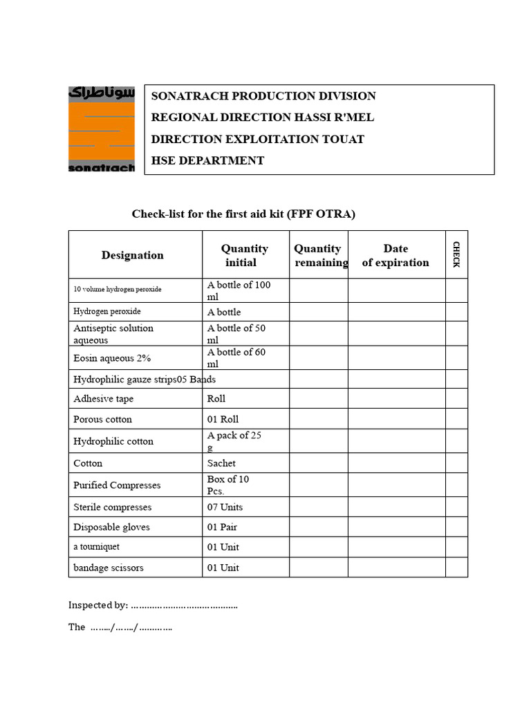First Aid Kit Checklist for HSE Department | PDF | First Aid