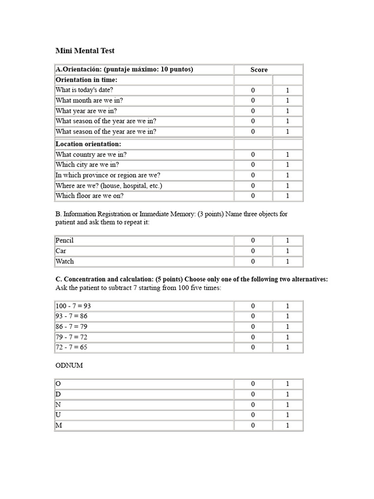 Mini Mental Test | PDF | Cognitive Science | Cognition