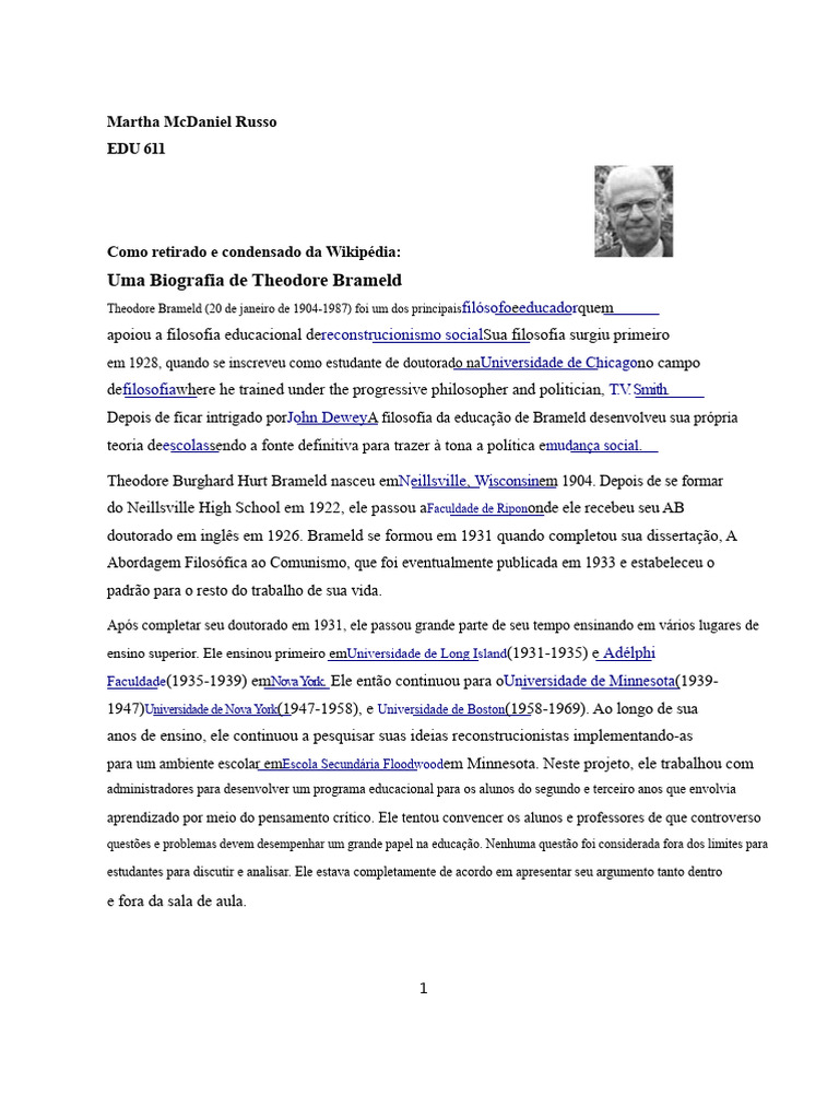 Biografia Theodore Brameld | PDF | Interdisciplinaridade | Progressivismo