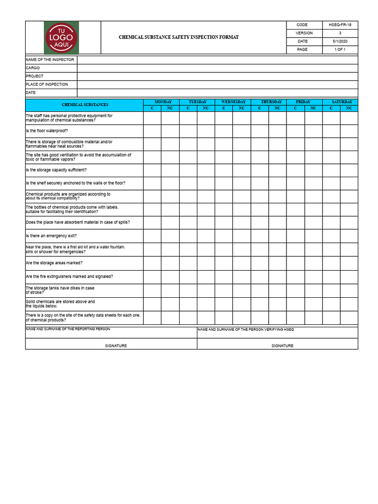Chemical Safety Inspection Checklist | PDF
