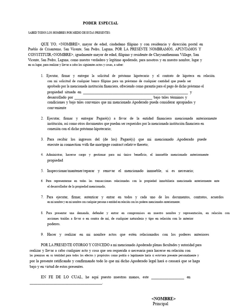 PODER ESPECIAL NOTARIAL Plantilla para Gestionar Préstamos de Propiedad ...