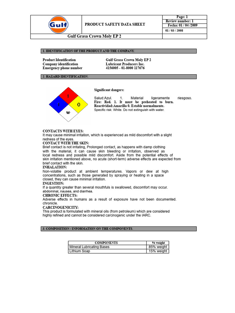 Gulf Grasa Crown Moly EP 2 Safety Data | PDF | Dangerous Goods | Safety