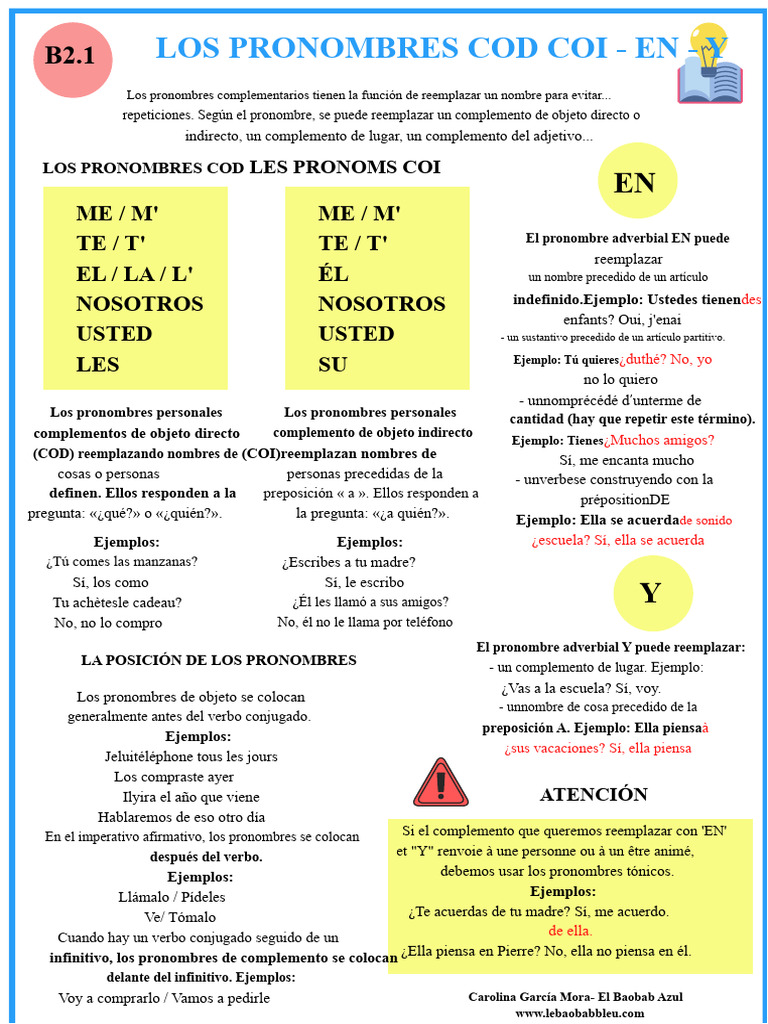 Ficha Los Pronombres Cod Coi en y | PDF | Objeto (gramática) | Pronombre