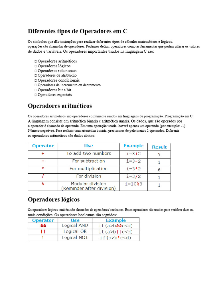 Diferentes Tipos de Operadores em C | PDF | Aritmética | Lógica matemática