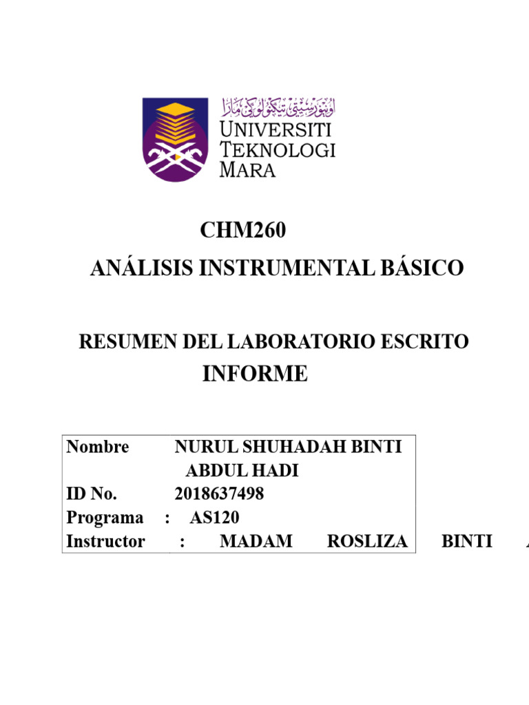 Informe de Laboratorio Exp 1 CHM260 (Nurul Shuhadah) | PDF ...