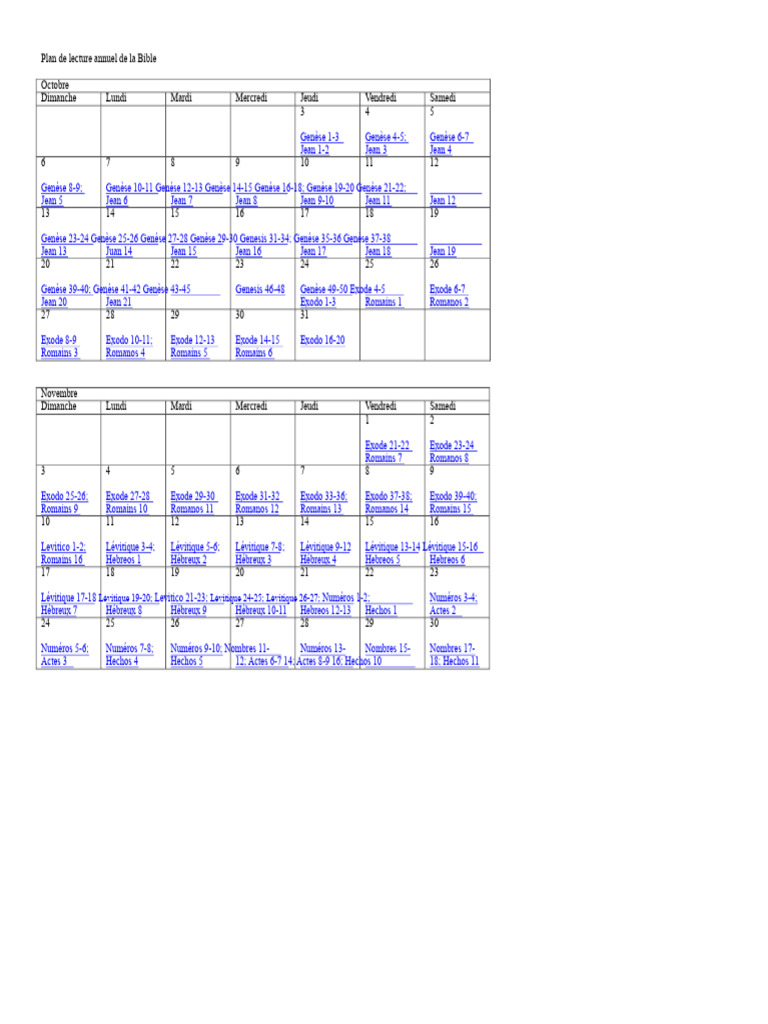Plan de Lecture Annuel de La Bible Pour .. | PDF | Livres des Rois ...