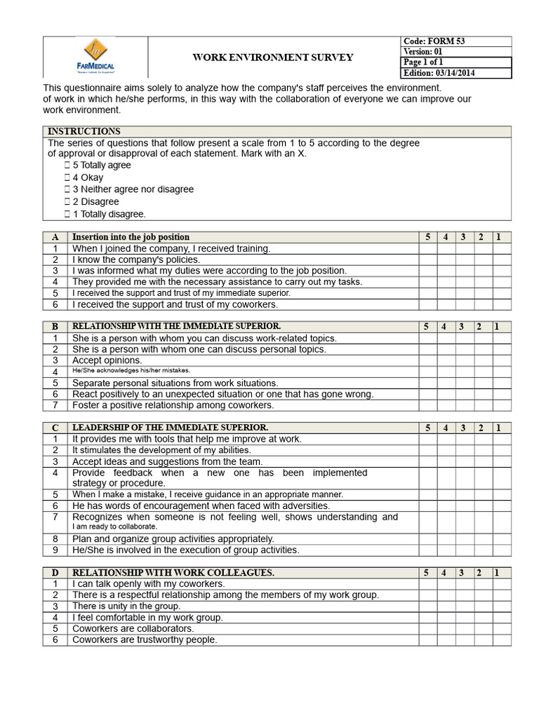 FORM 53 - Work Environment Survey | PDF | Psychological Concepts ...