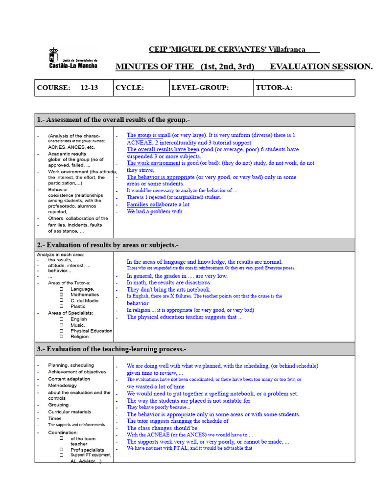 Evaluation Session Minutes CEIP Cervantes | PDF | Cognition | Learning
