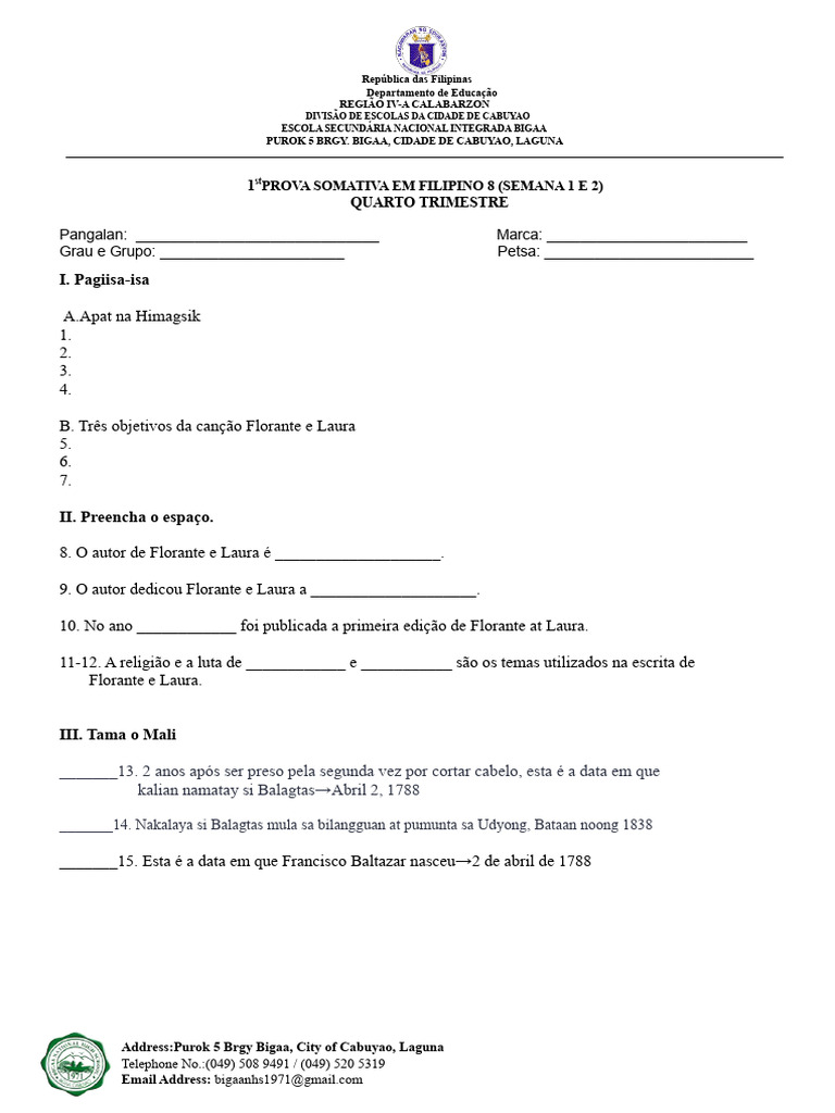 Provas Somativas para 8º Ano - Bigaa | PDF | Meiose | Primeira Guerra ...