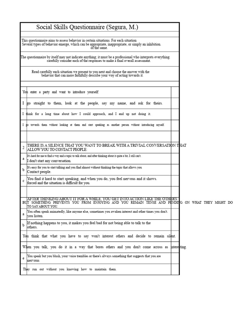 Social Skills Questionnaire M Secure | PDF | Questionnaire | Conversation