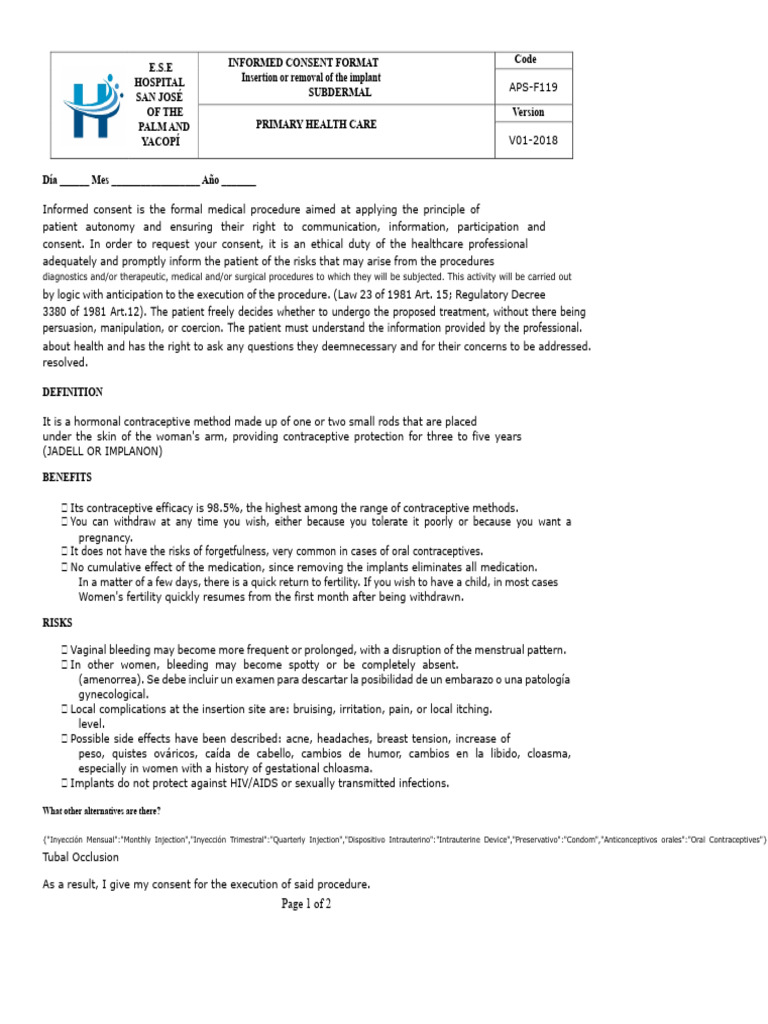 APS-F119 Consent Form Subdermal Implant Insertion and Removal | PDF ...
