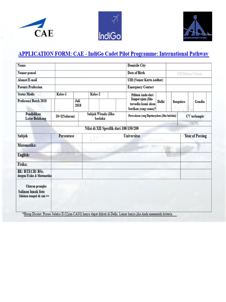 Formulir Aplikasi Program Pilot IndiGo | PDF