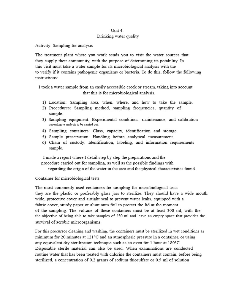 Activities Unit 4 Sample Collection For Analysis | PDF | Sterilization (Microbiology) | Water