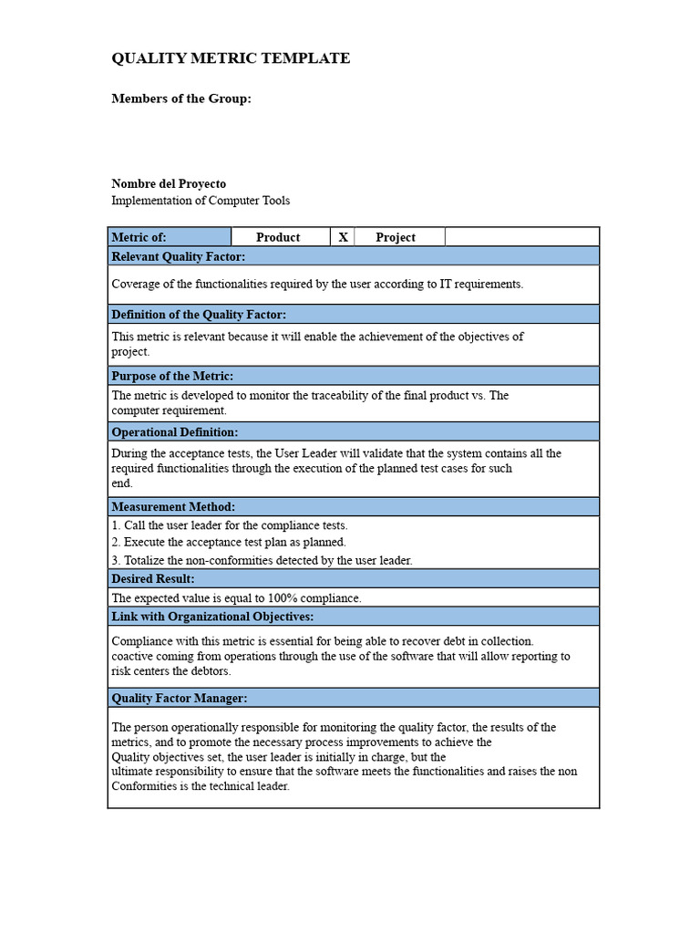 Quality Metric Template | PDF | Performance Indicator | Software