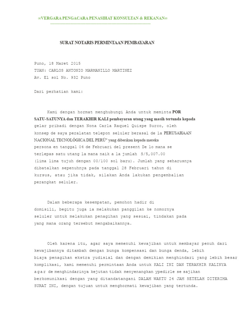 Surat Notaris Permintaan Pembayaran | PDF