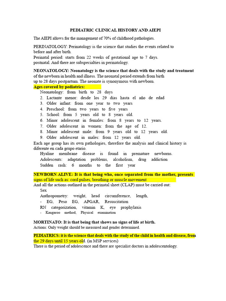 Pediatric Clinical History and AIEPI Guide | PDF | Neonatology | Breast ...