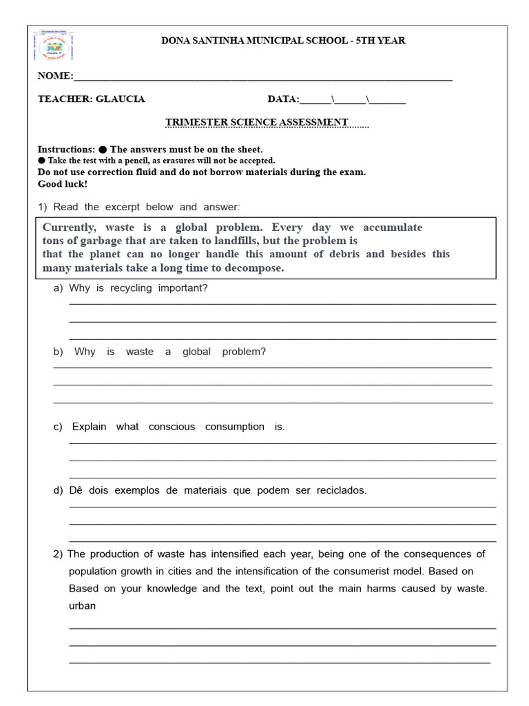 science test 5th grade 2nd term 2019 | PDF | Waste | Recycling