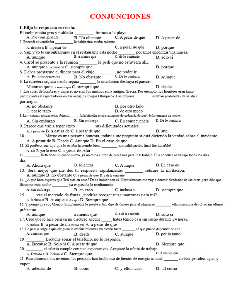 Ejercicios de Conjunciones en Español | PDF