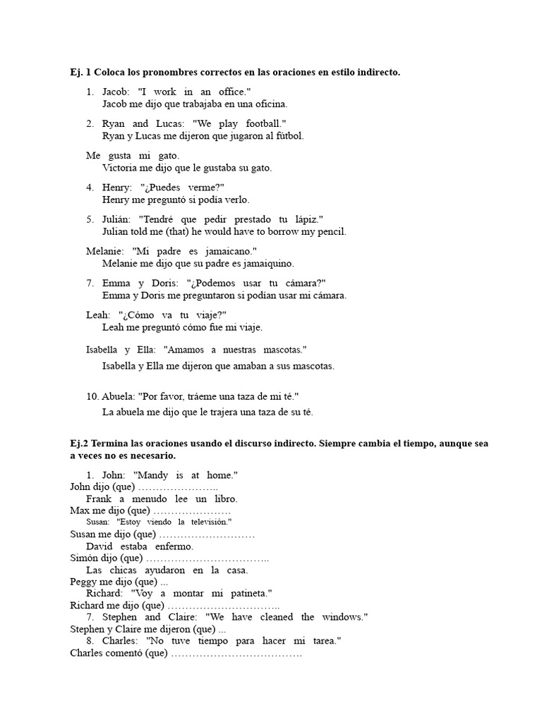 Pronombres en estilo indirecto: Ejercicios | PDF