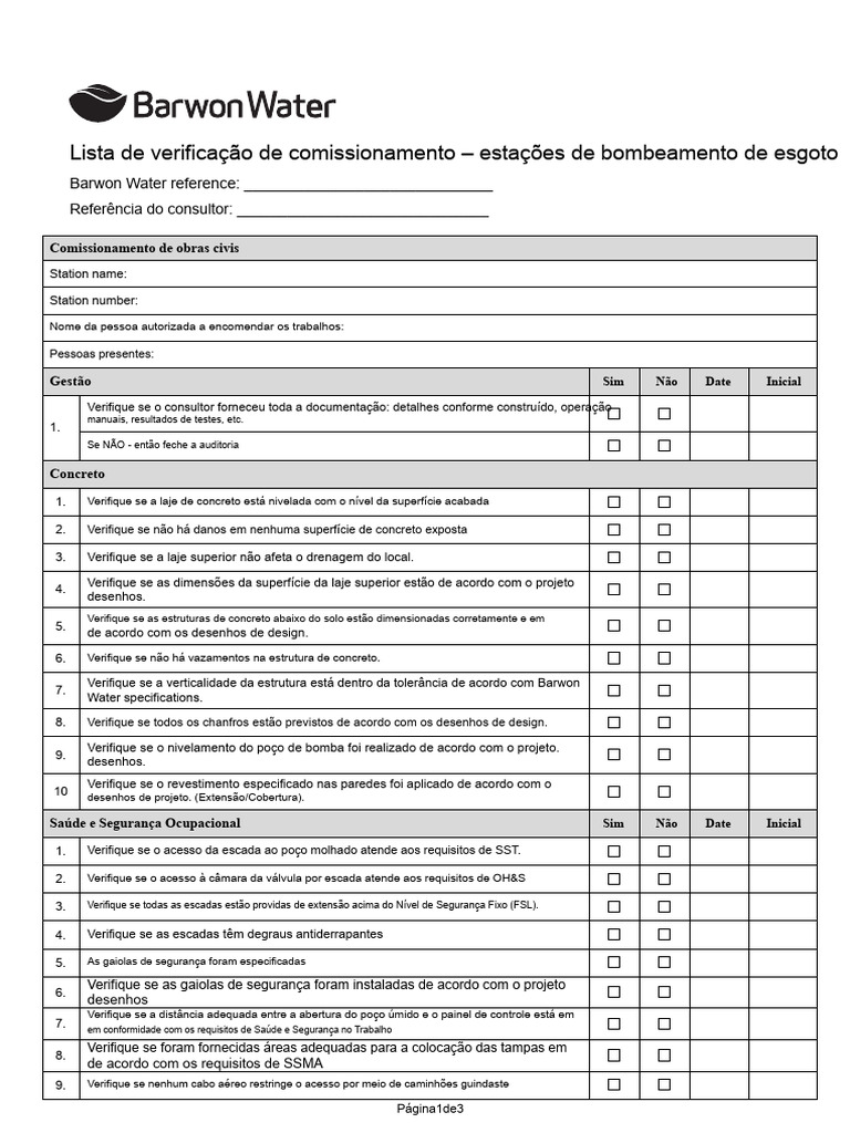 Checklist de Comissionamento de Esgoto | PDF | Válvula | Águas residuais