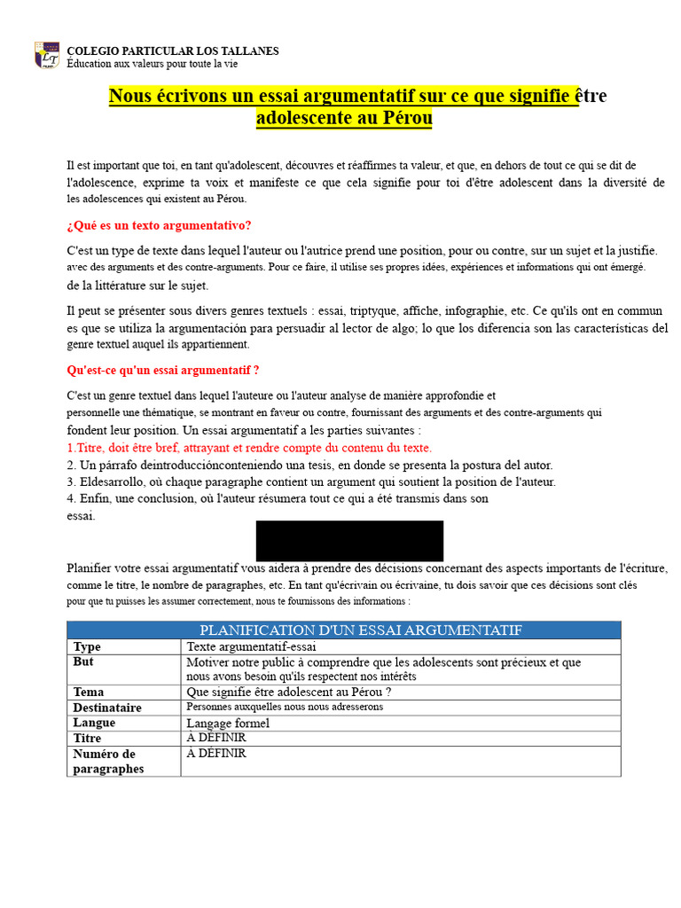 Adolescence au Pérou : Essai argumentatif | PDF