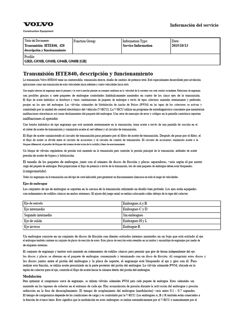VOLVO G930B MOTOR GRADER Manual de Servicio y Reparación.pdf | PDF | Embrague | Eje