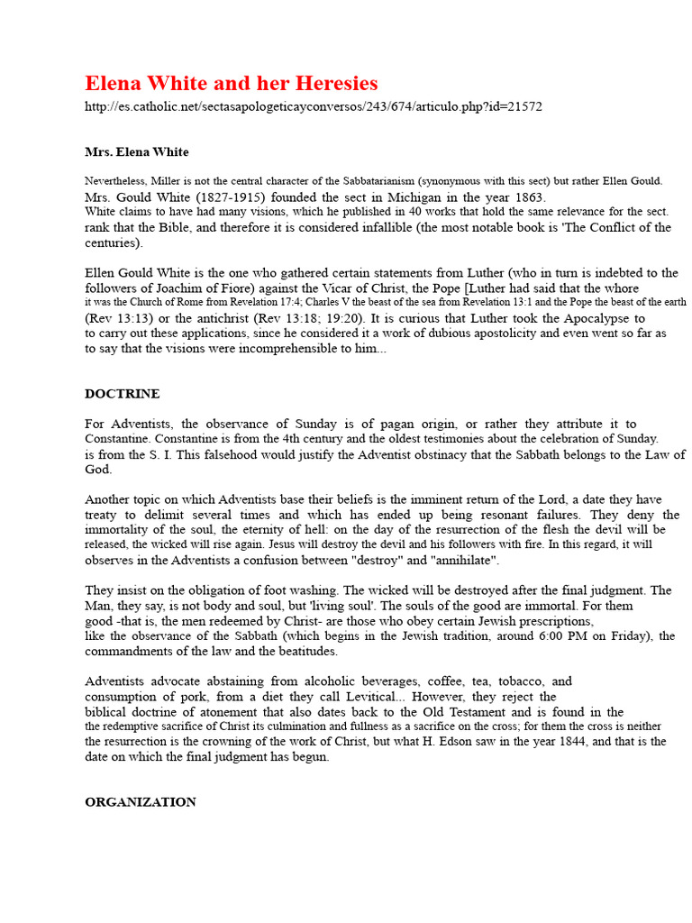 Elena White's Adventist Beliefs Explained | PDF | Theology | Abrahamic ...