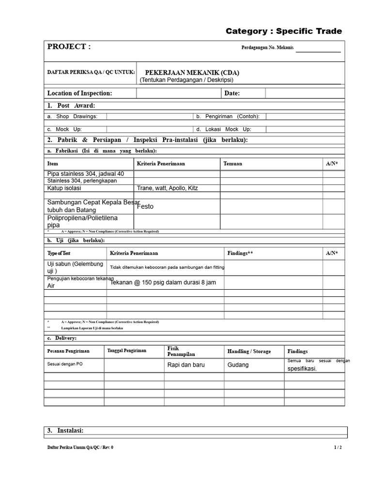 Daftar Periksa QA/QC Perdagangan Mekanis | PDF