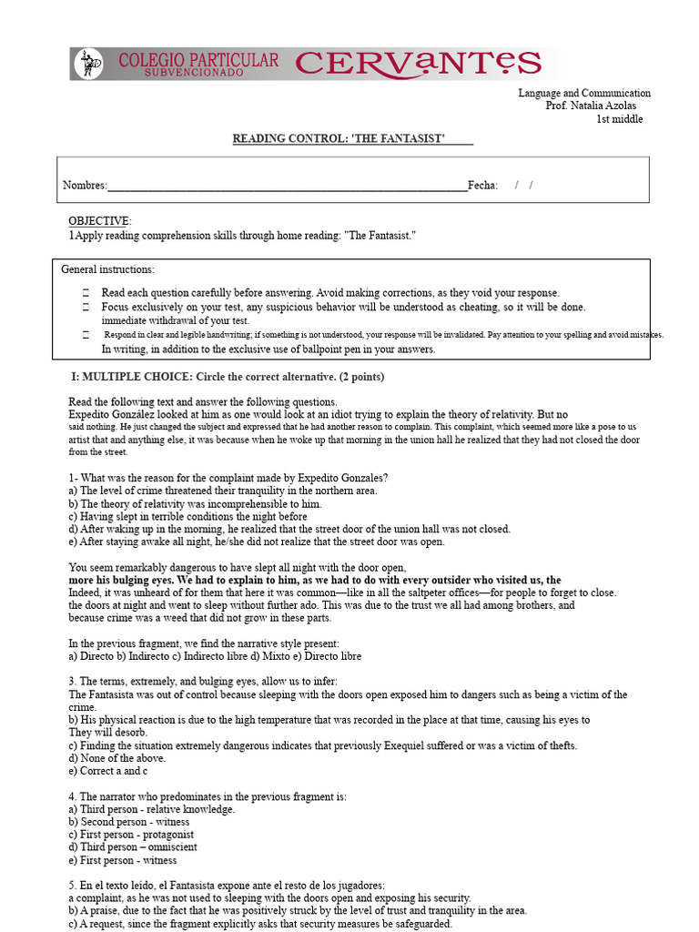 Reading Comprehension: "The Fantasist" Test | PDF | Multiple Choice ...
