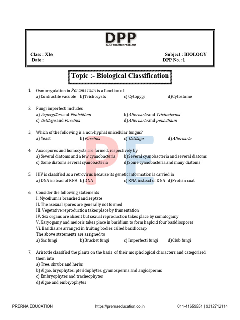 Biology Class XI DPP Questions | PDF | Fungus | Bacteria