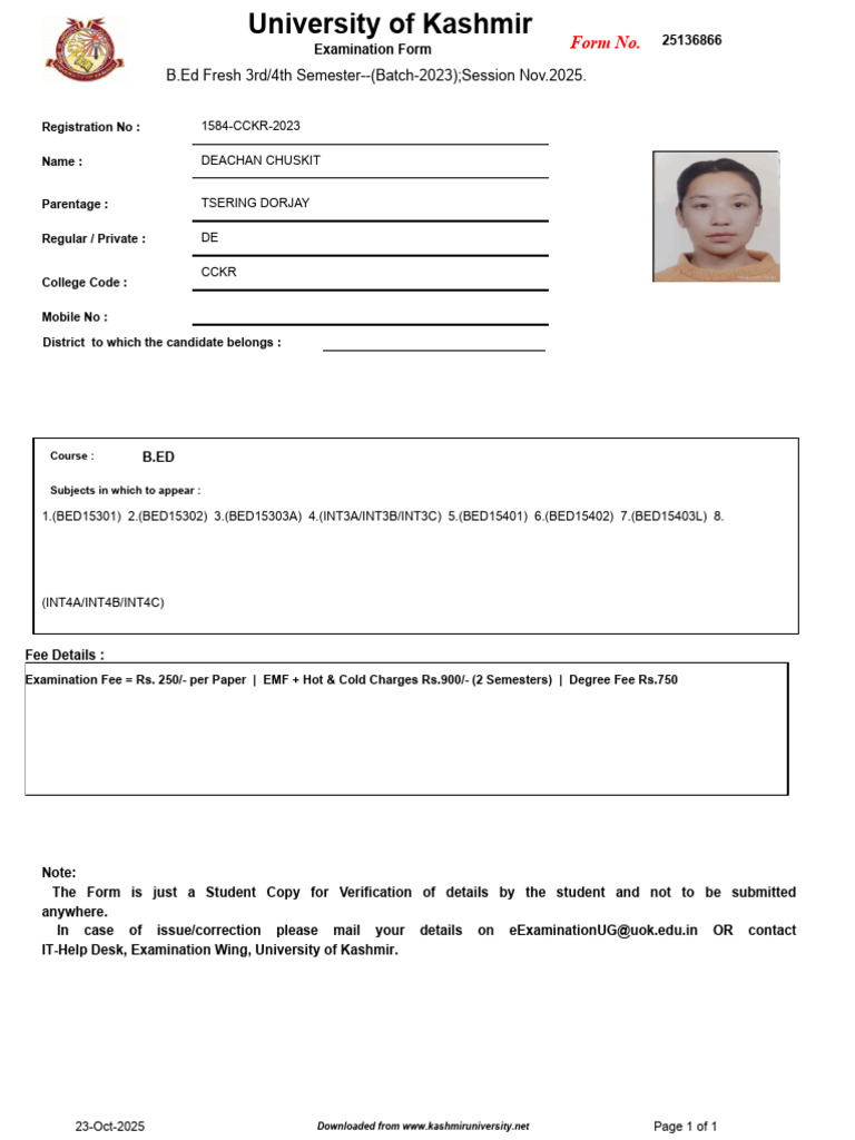 Examination Form - 1584 CCKR 2023 | PDF