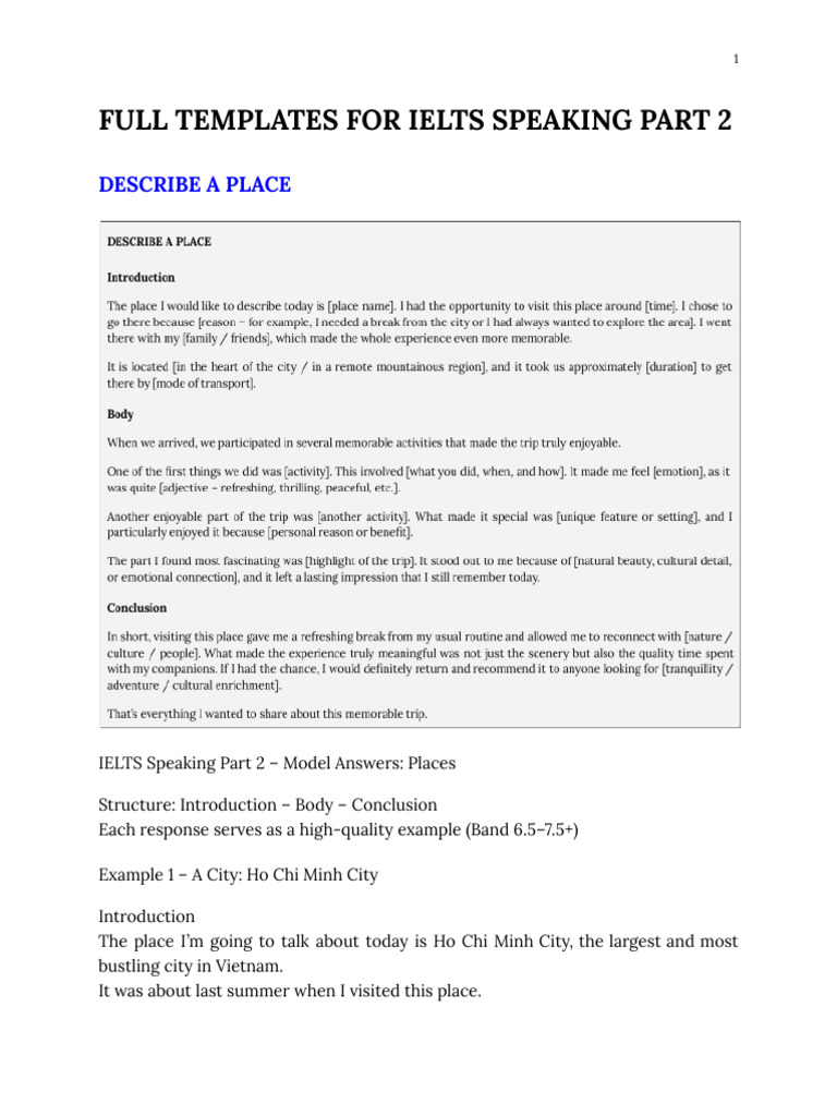 Full Templates For Ielts Speaking Part 2 | PDF