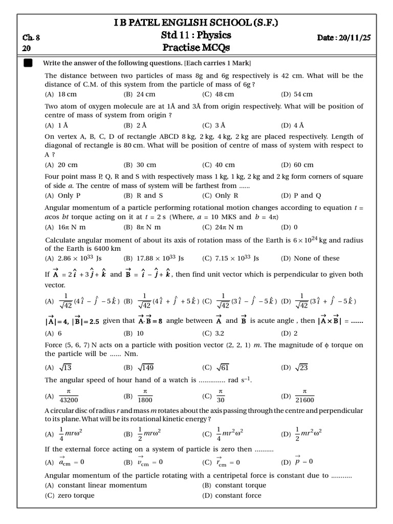 PractiseMCQs - D20 Nov 2025 1 | PDF | Rotation Around A Fixed Axis ...