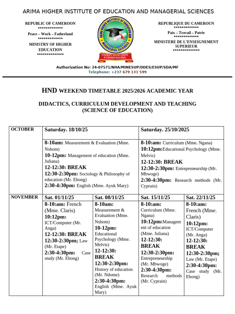 HND Weekend Timetable 2025/2026 | PDF | Liberal Arts Education | Learning
