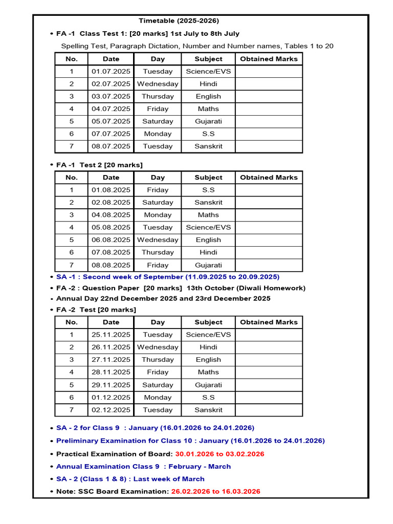 Exam Calender 1 To 12 | PDF