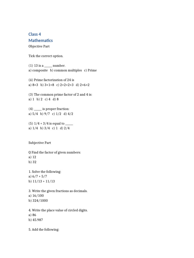Class 4 Mathematics Practice Questions | PDF