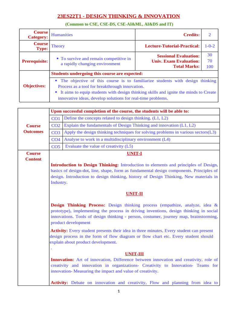 23es22t1 - Design Thinking & Innovation | PDF | Design Thinking | Thought