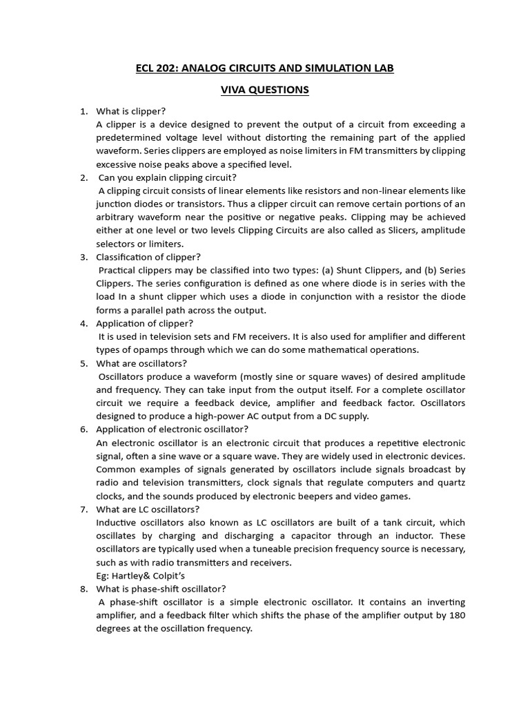 Analog Circuits Lab VIVA Questions | PDF | Bipolar Junction Transistor ...