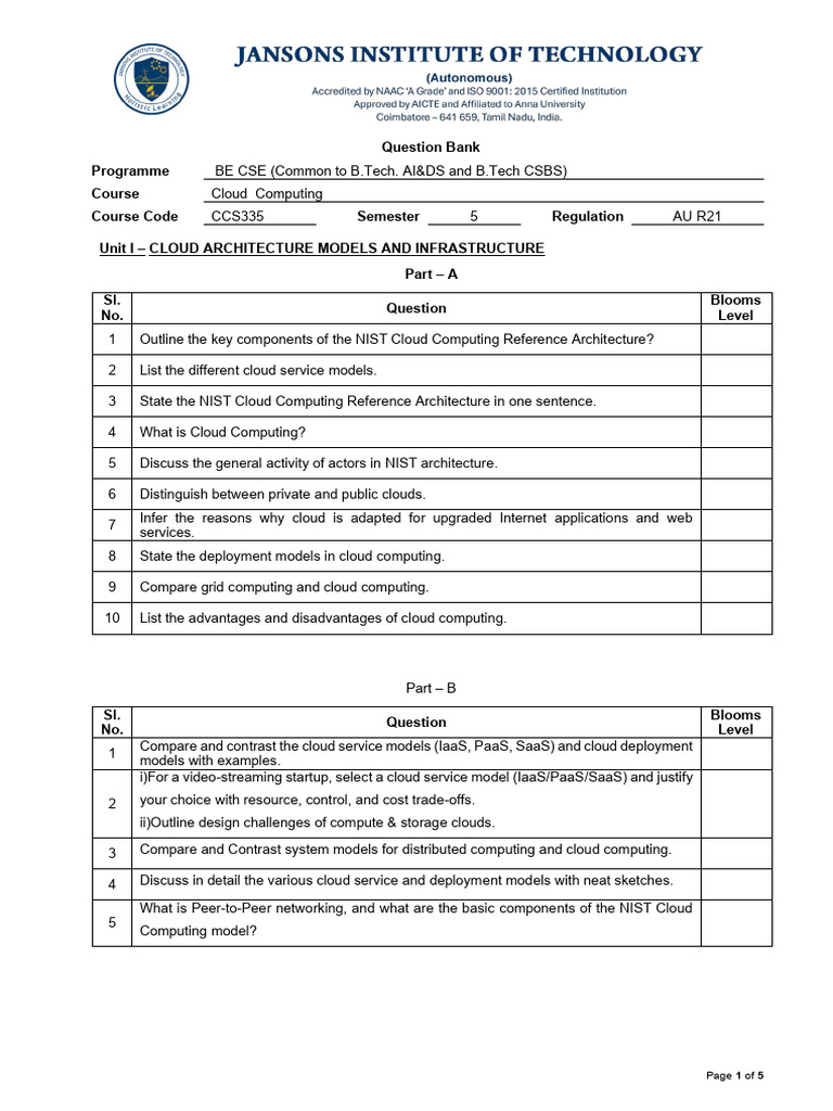 CCS335 - Cloud Computing - Question Bank - Completed | PDF ...